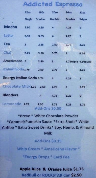 Addicted Espresso Menu, Menu for Addicted Espresso, Everett, Everett ...