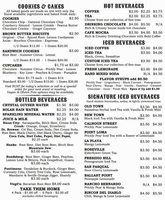 Menu at RUST restaurant, San Diego