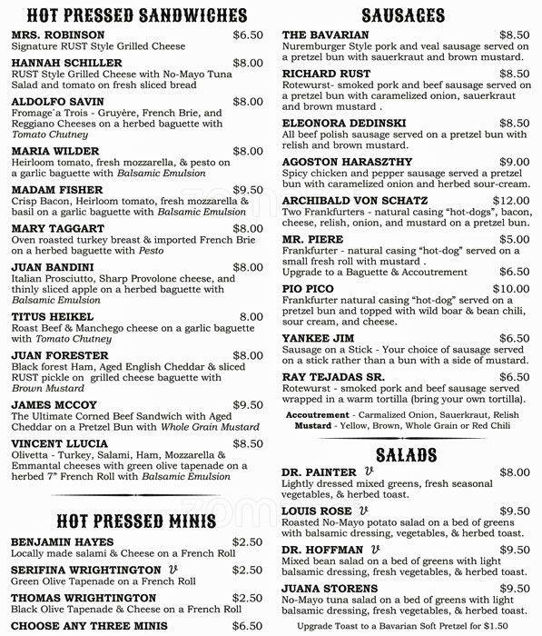 Menu at RUST restaurant, San Diego