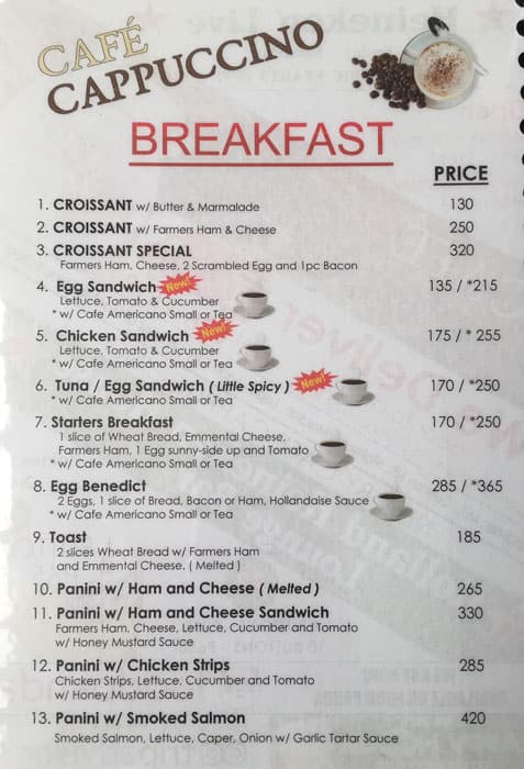Menu at Cafe Cappuccino, Lapu-Lapu City
