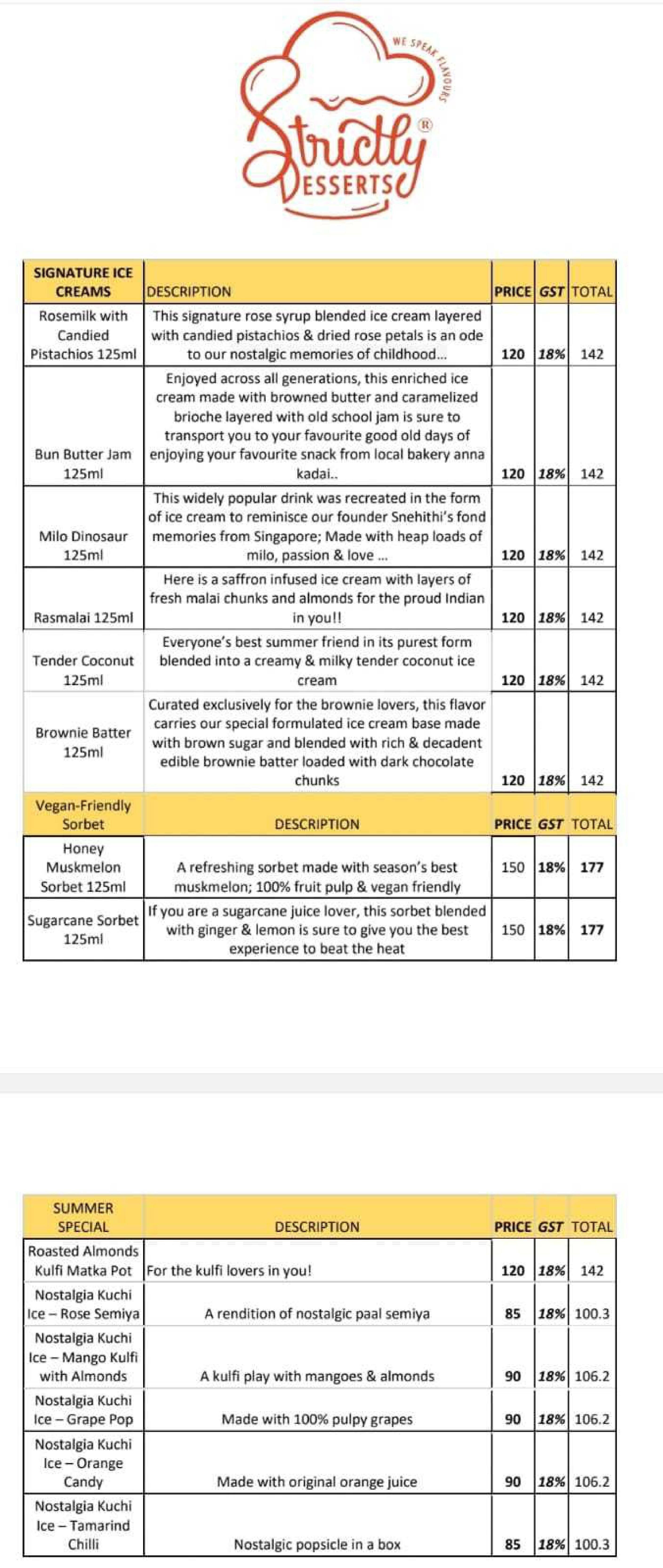 Menu of Strictly Desserts, Anna Nagar East, Chennai