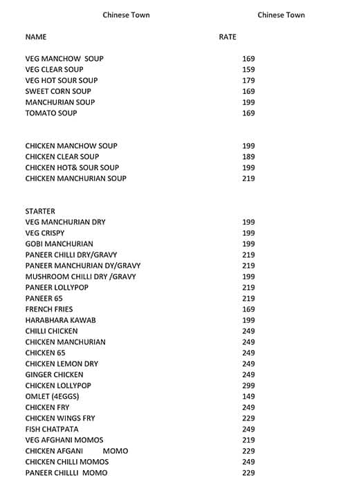Menu of Chinese Town, Chandkheda, Ahmedabad