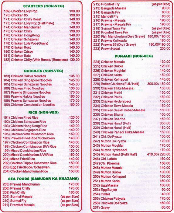 Menu at Rambaug Darbar, Thane