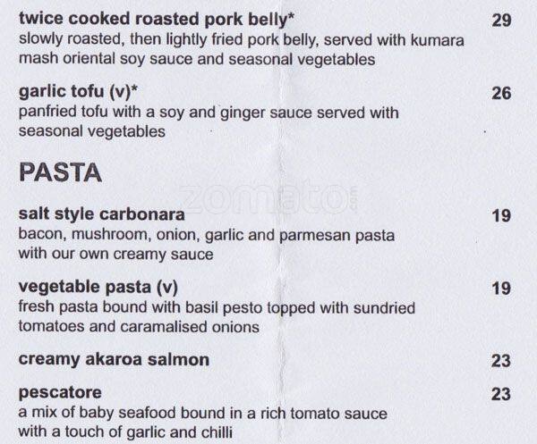 Menu at Salt Bar & Cafe, Christchurch