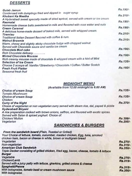 Menu at Pavilion - The Peerless Inn, Hyderabad