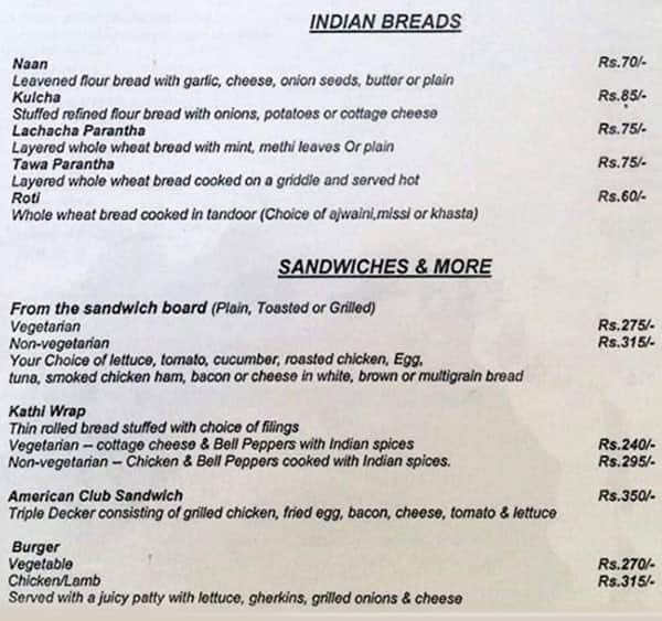 Menu at Pavilion - The Peerless Inn, Hyderabad