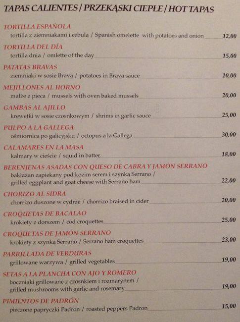 Menu at Sol y Sombra Tapas Bar, Warsaw