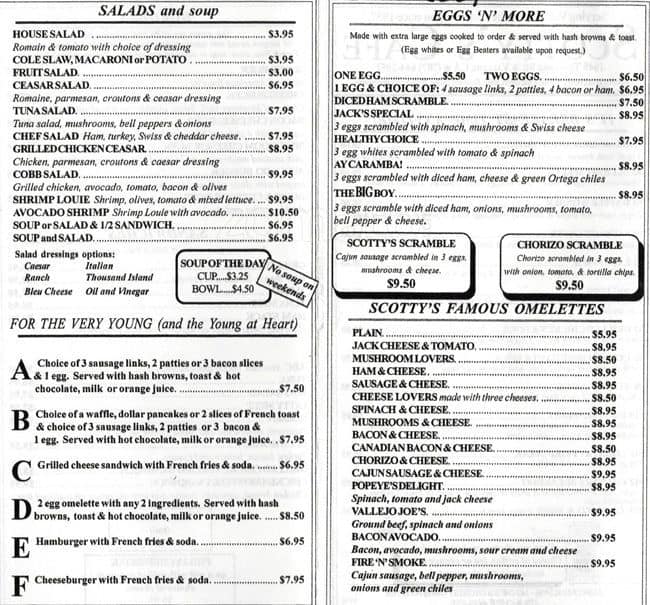 Menu at Scotty's Restaurant, Vallejo