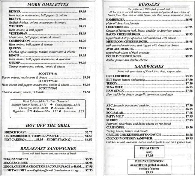 Menu at Scotty's Restaurant, Vallejo