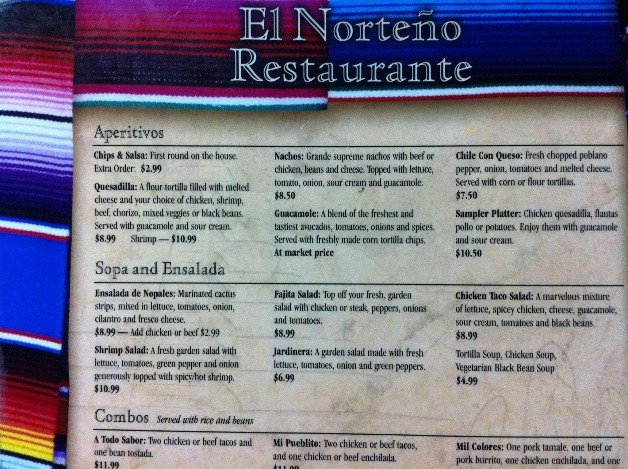 Menu at El Norteño Authentic Mexican restaurant, Minneapolis, E Lake St