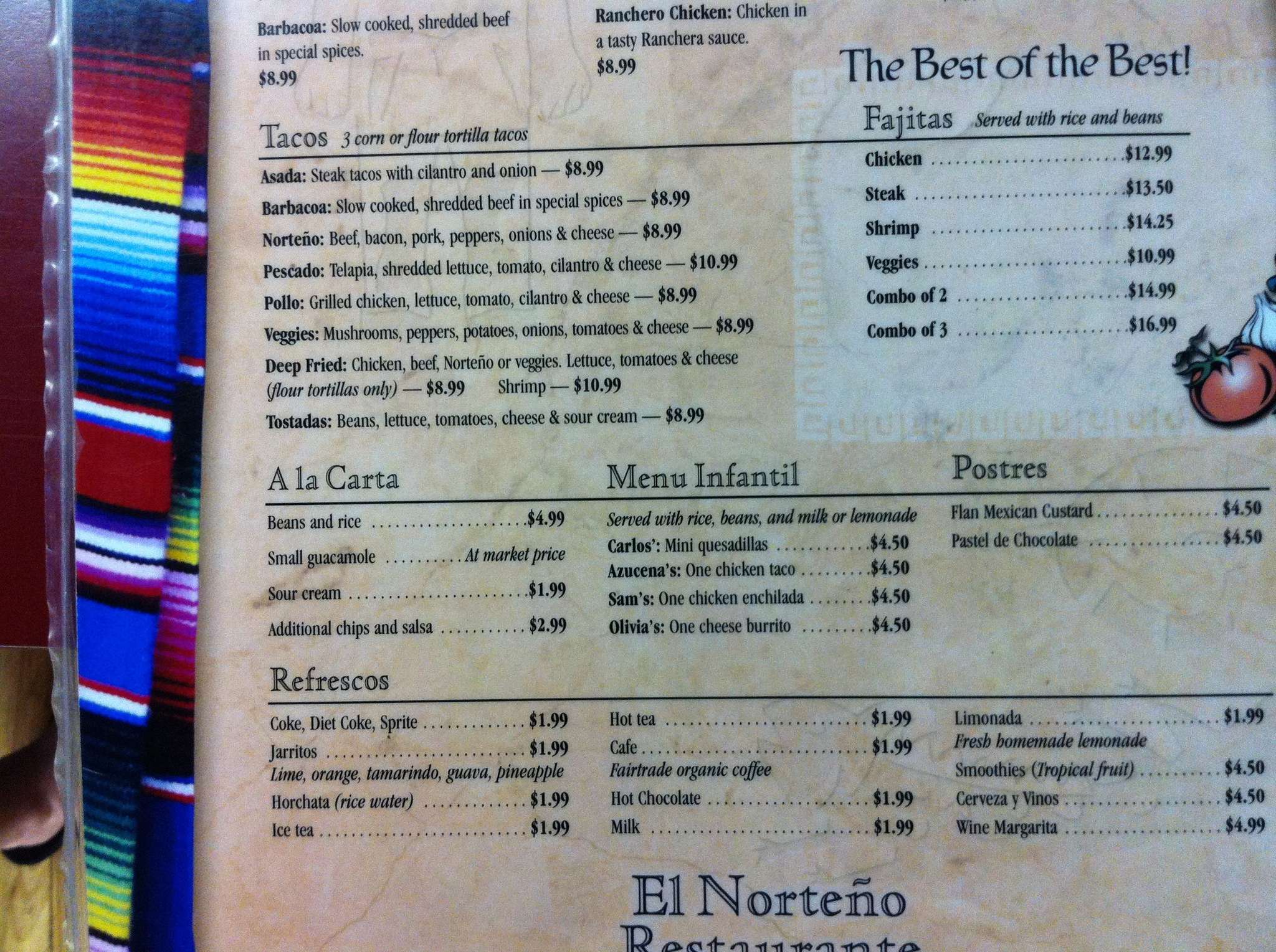 Menu at El Norteño Authentic Mexican restaurant, Minneapolis, E Lake St