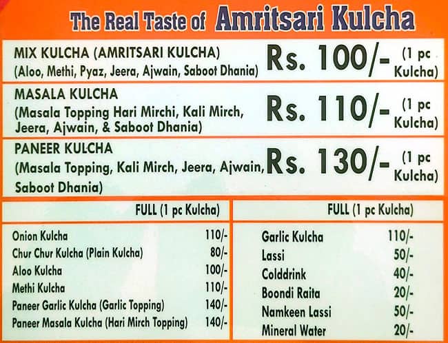 Menu of Kulcha Junction, Karol Bagh, New Delhi