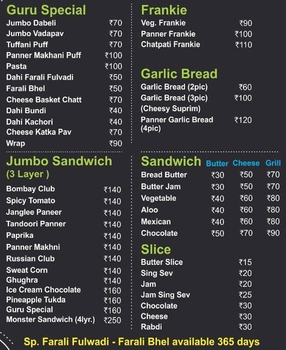 Menu of Guru's World, Vastral, Ahmedabad