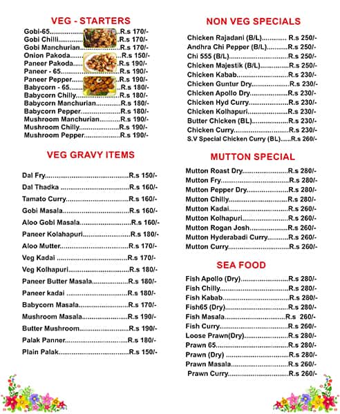 Menu of Amaravathi Grand, Whitefield, Bangalore
