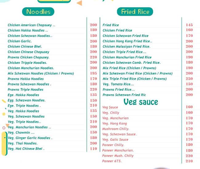 Menu of Uncle's Chinese, Kandivali West, Mumbai