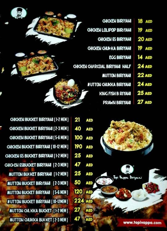 Menu of Topi Vappa Biriyani, Mussafah Shabiya, Abu Dhabi