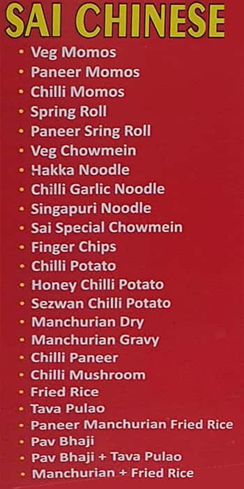 Menu of Sai Sweets & Chinese Hub, Sector 29, Faridabad