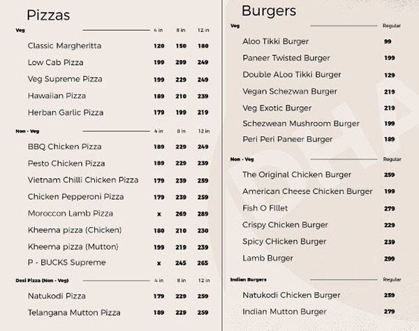 Menu of P-Bucks, Kukatpally, Hyderabad