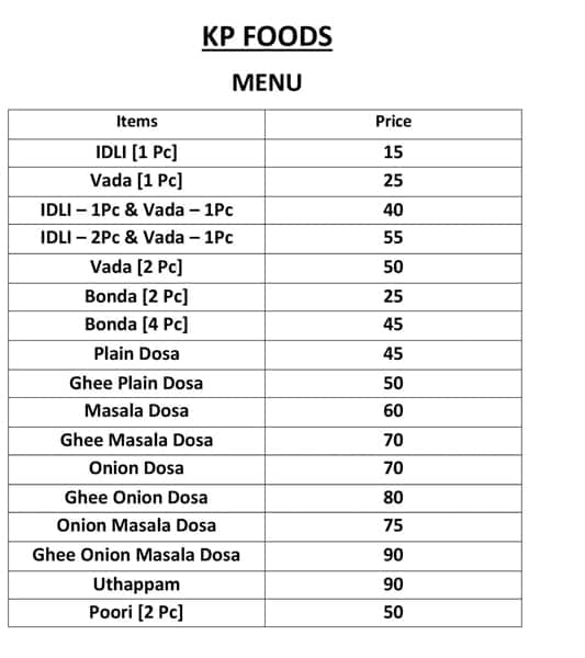 Menu of KP Foods, S P Road, Secunderabad