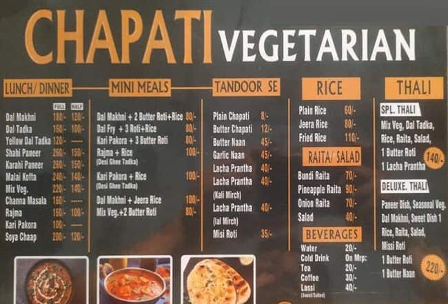 Menu of Chapati Vegetarian, Pakhowal Road, Ludhiana