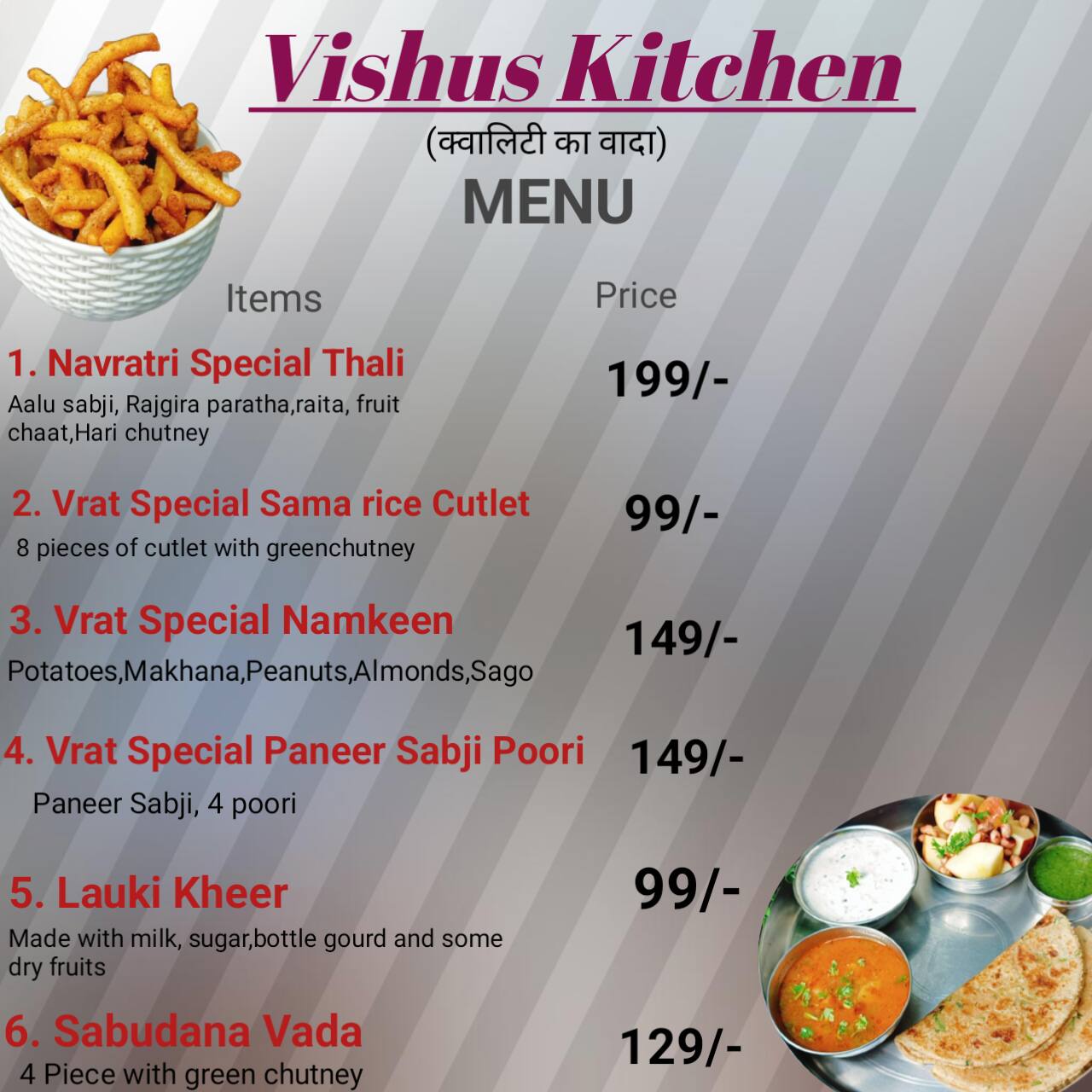 Menu of Vishus Kitchen, Transport Nagar, Lucknow