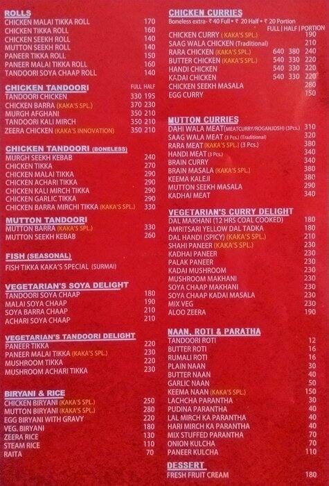 Kake Da Hotel Menu, Menu for Kake Da Hotel, Connaught Place, New Delhi ...