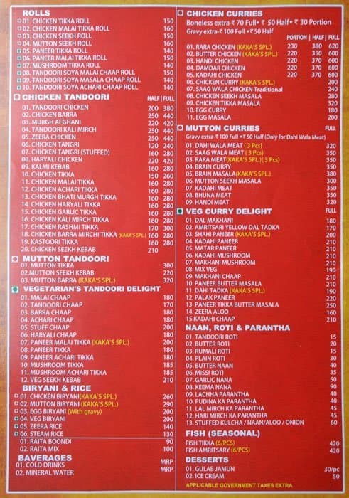 Kake Da Hotel Menu, Menu for Kake Da Hotel, Connaught Place, New Delhi ...