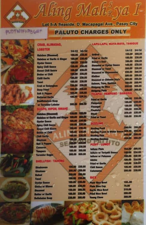 Menu at Aling Mahrya Seafood Paluto Restaurant, Pasay