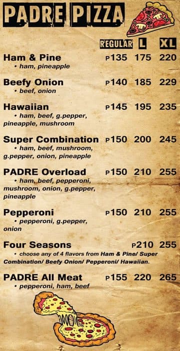 Menu at Padre restaurant, Makati