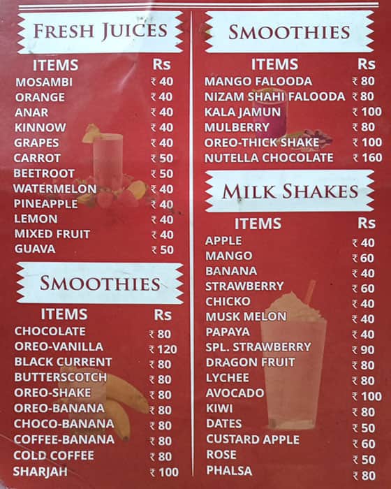 Menu at Milan Juice Center, Hyderabad, 11-3-836/1 New Mallepally Main Road