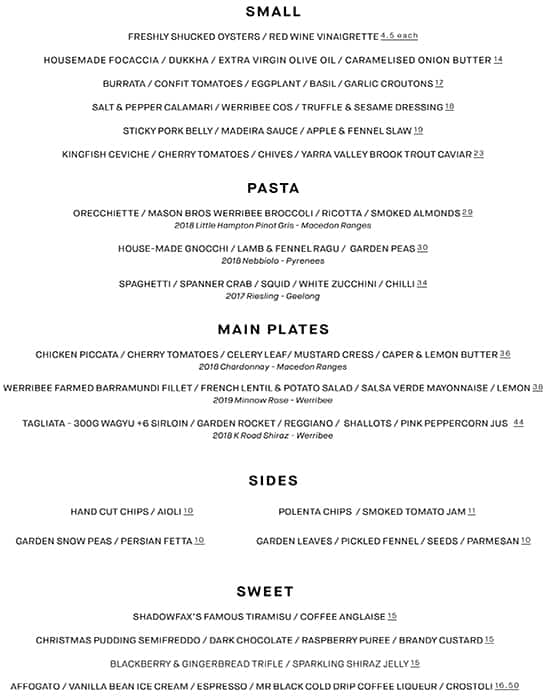 Menu at Shadowfax Winery pub & bar, Werribee South