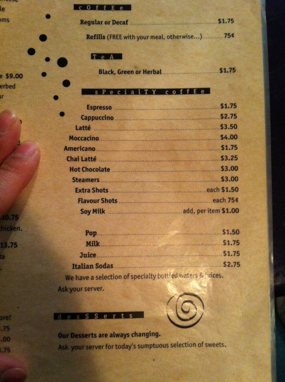 Menu at Underground Cafe The, Winnipeg