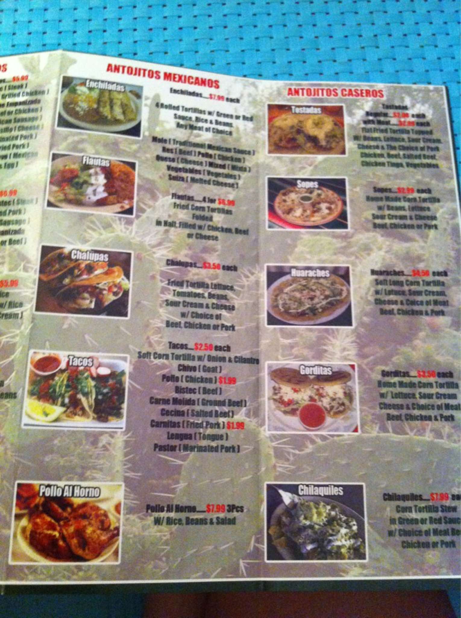 Carta del restaurante El Mexicano, Nueva York, Avenue U