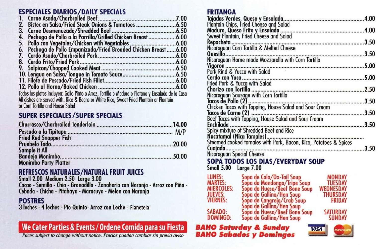 Carta del restaurante Fritanga Monimbo Miller Square, Kendale Lakes