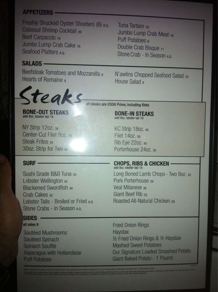 Menu at Rare Las Olas restaurant, Fort Lauderdale