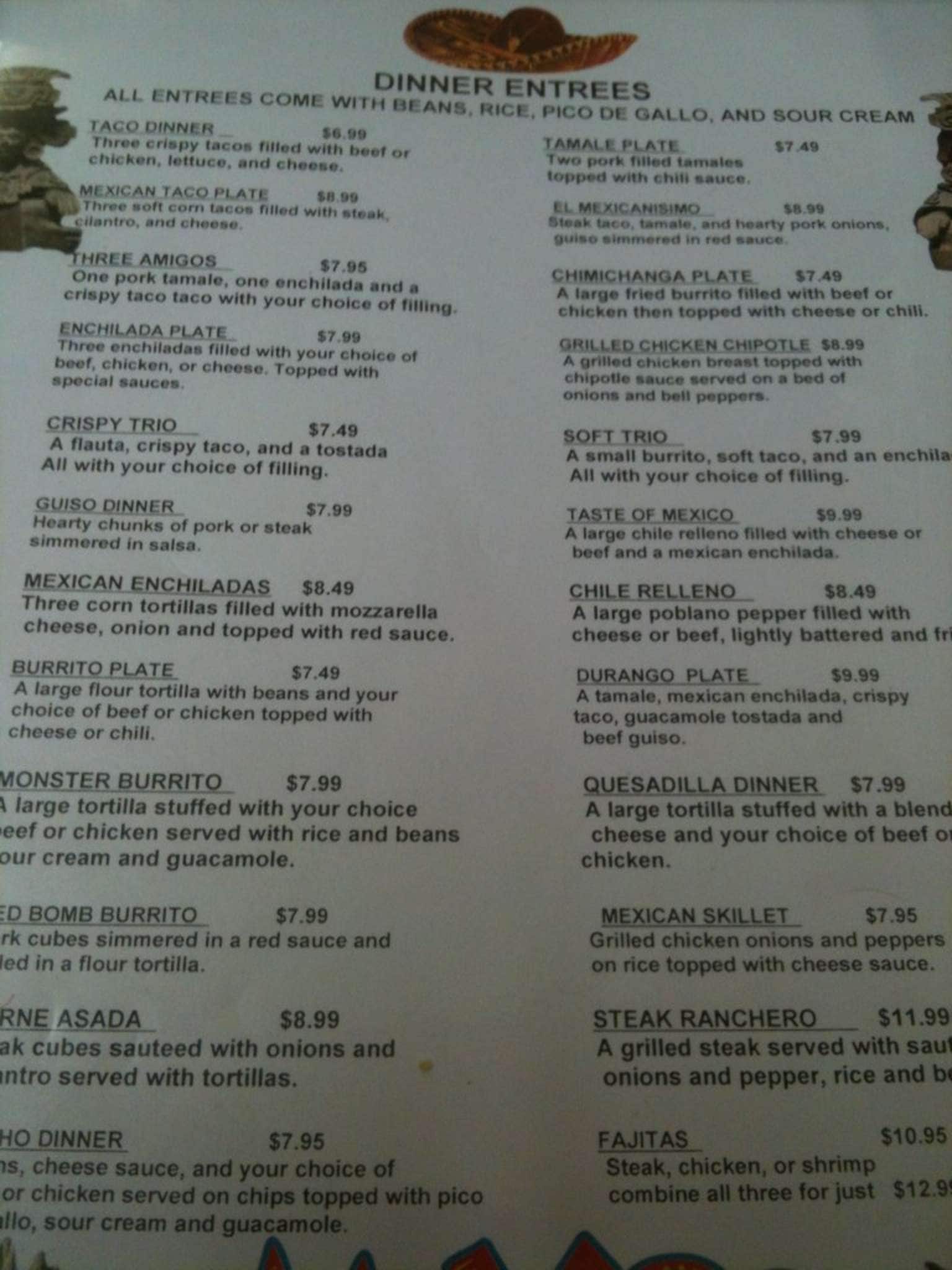 Menu at Javier's Mexican Kitchen restaurant, Hominy