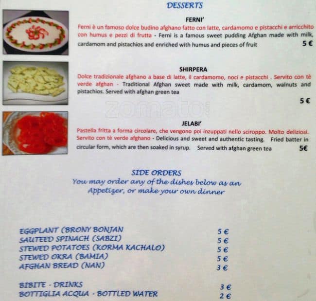 Menu da Ariana Afghan Kabul Restaurant Kabob House, Milano