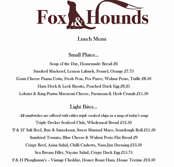 Menu at Fox & Hounds pub & bar, Woodford Halse, Banbury Rd