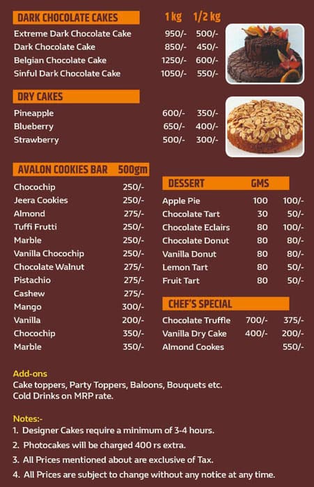 Menu of Avalon Bakers, Sector 31, Gurgaon