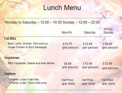 Menu at Braza Churrascaria Rodizio steakhouse, Romford