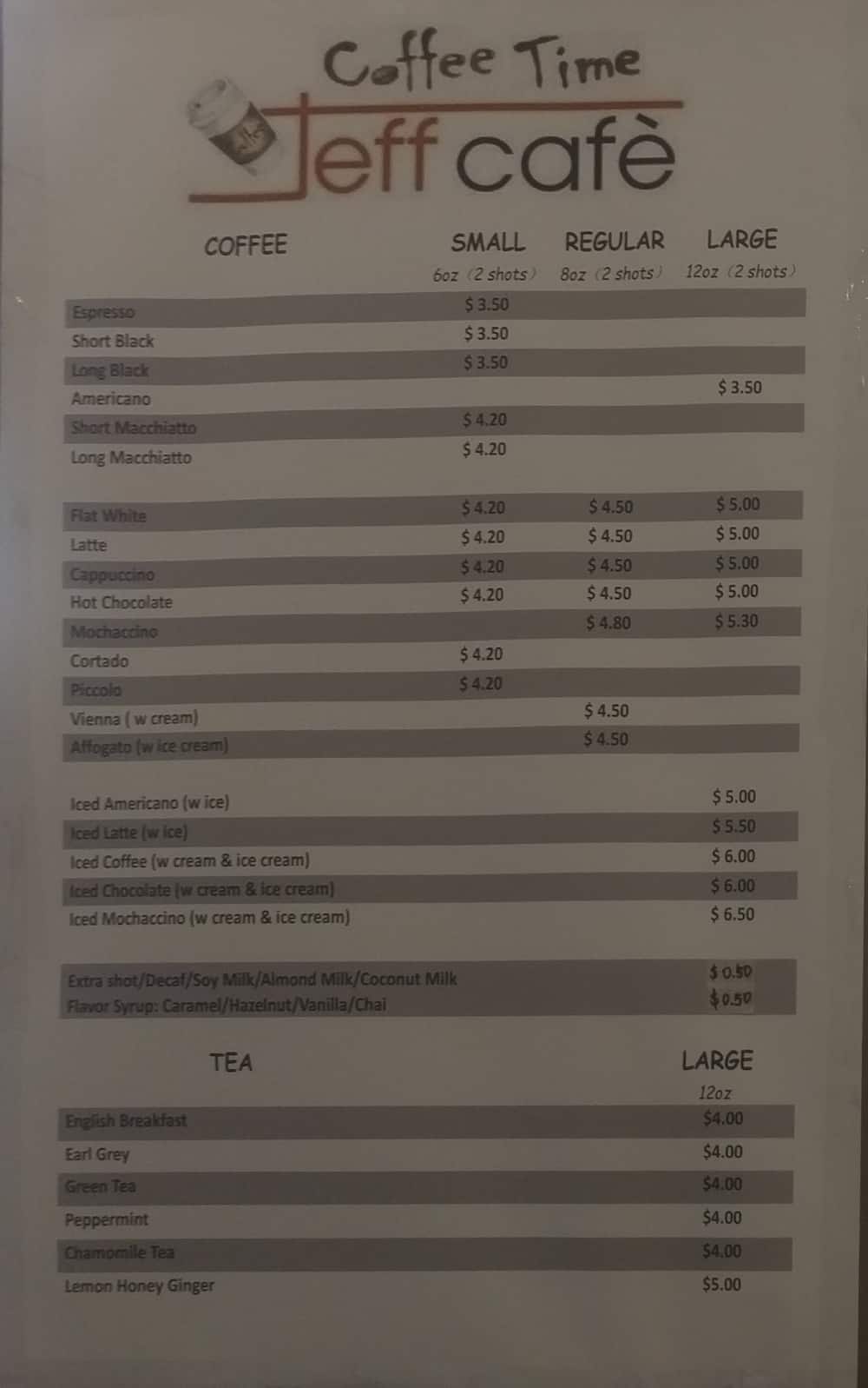 Menu at Jeff Cafe Limited, Wellington