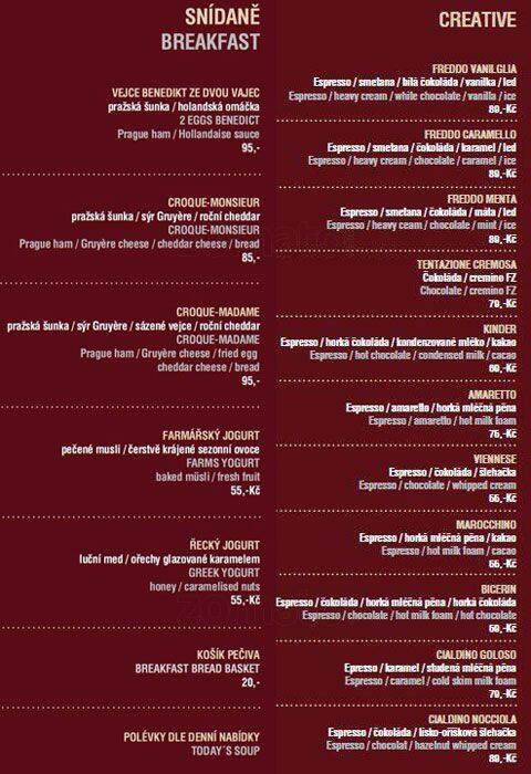Menu at Filicori Zecchini Caffe & Pasta restaurant, Prague, Dejvická 33