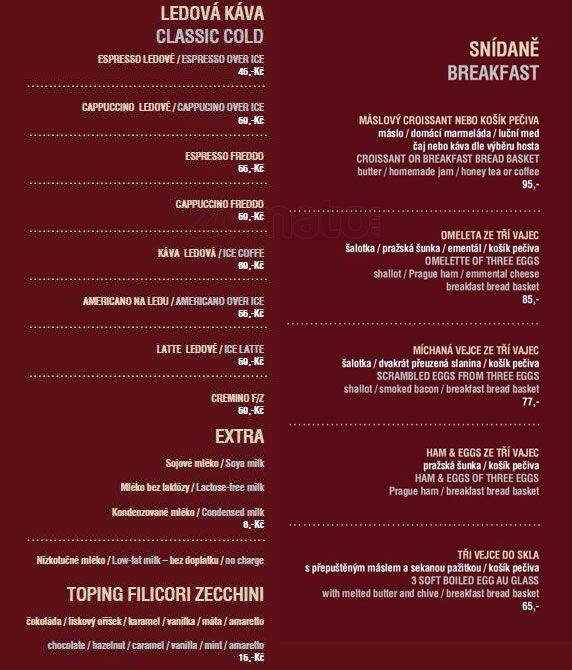 Menu at Filicori Zecchini Caffe & Pasta restaurant, Prague, Dejvická 33