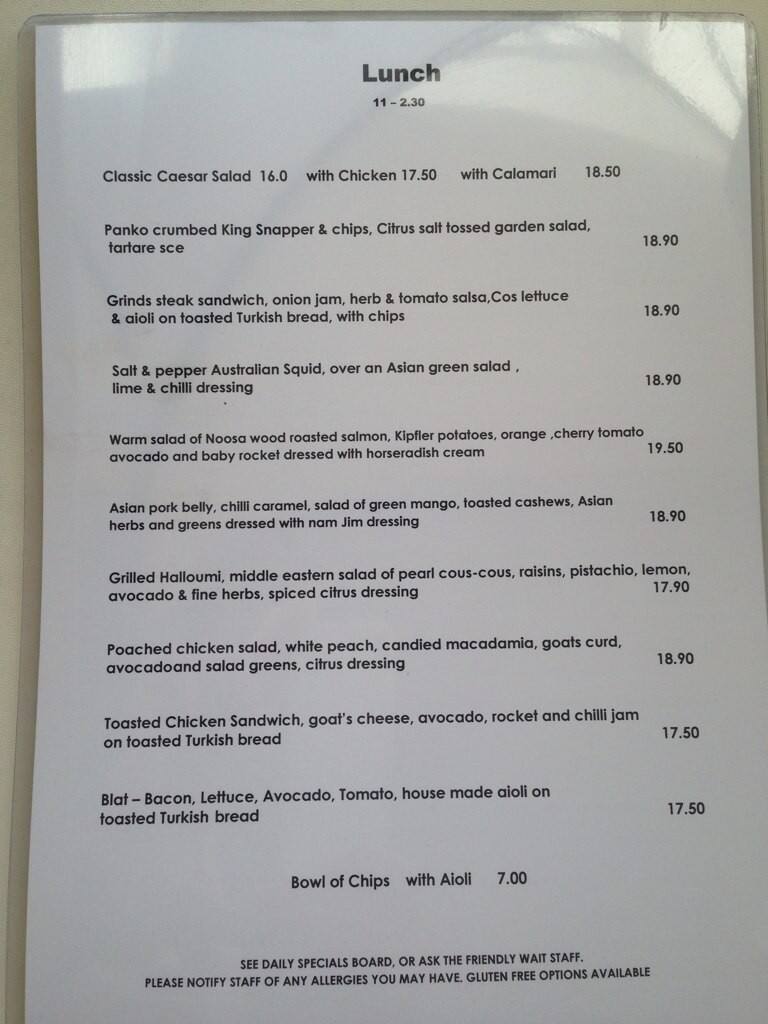 Menu at Grind Cafe, Noosaville, 1/255 Gympie Terrace