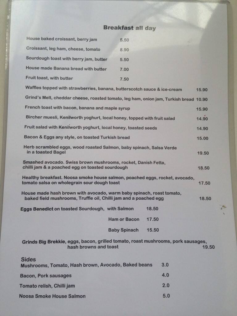 Menu at Grind Cafe, Noosaville, 1/255 Gympie Terrace