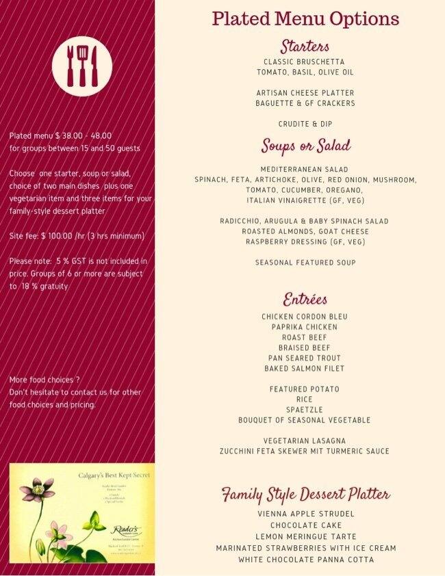 Menu at Reader's Garden Cafe, Calgary