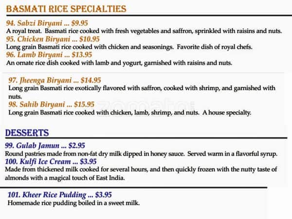 Menu at Sahib Indian Cuisine restaurant, Johnson City, W Market St
