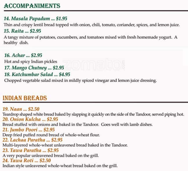 Menu at Sahib Indian Cuisine pub & bar, Johnson City, W Market St