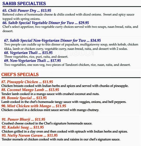 Menu at Sahib Indian Cuisine pub & bar, Johnson City, W Market St