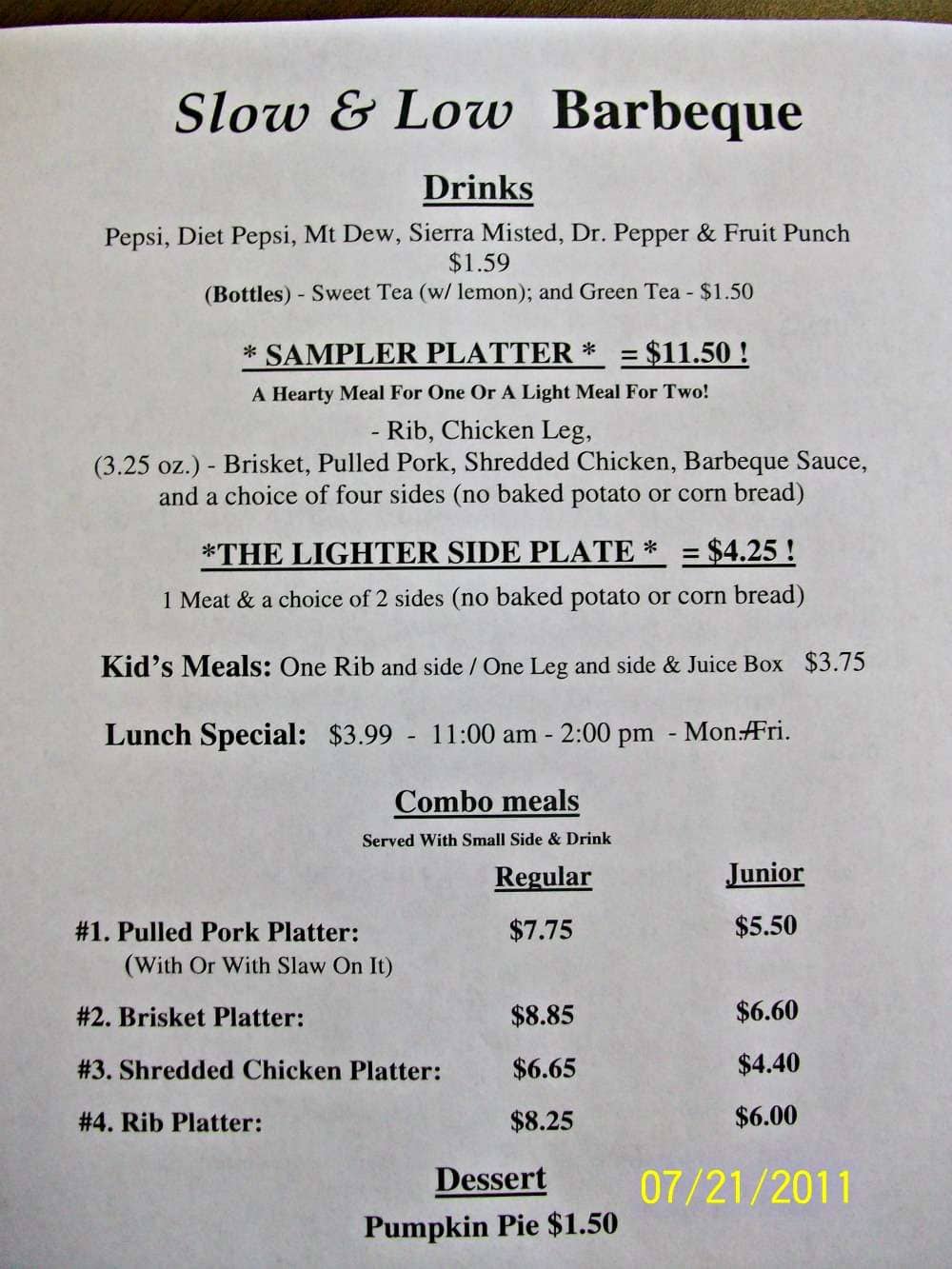 Menu at Slow and Low Barbeque, Hillsboro, 115 W Main St